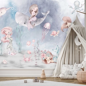 Mermaid Wallpaper Underwater Sea Wall Sticker Mural Nursery Kids Room ...