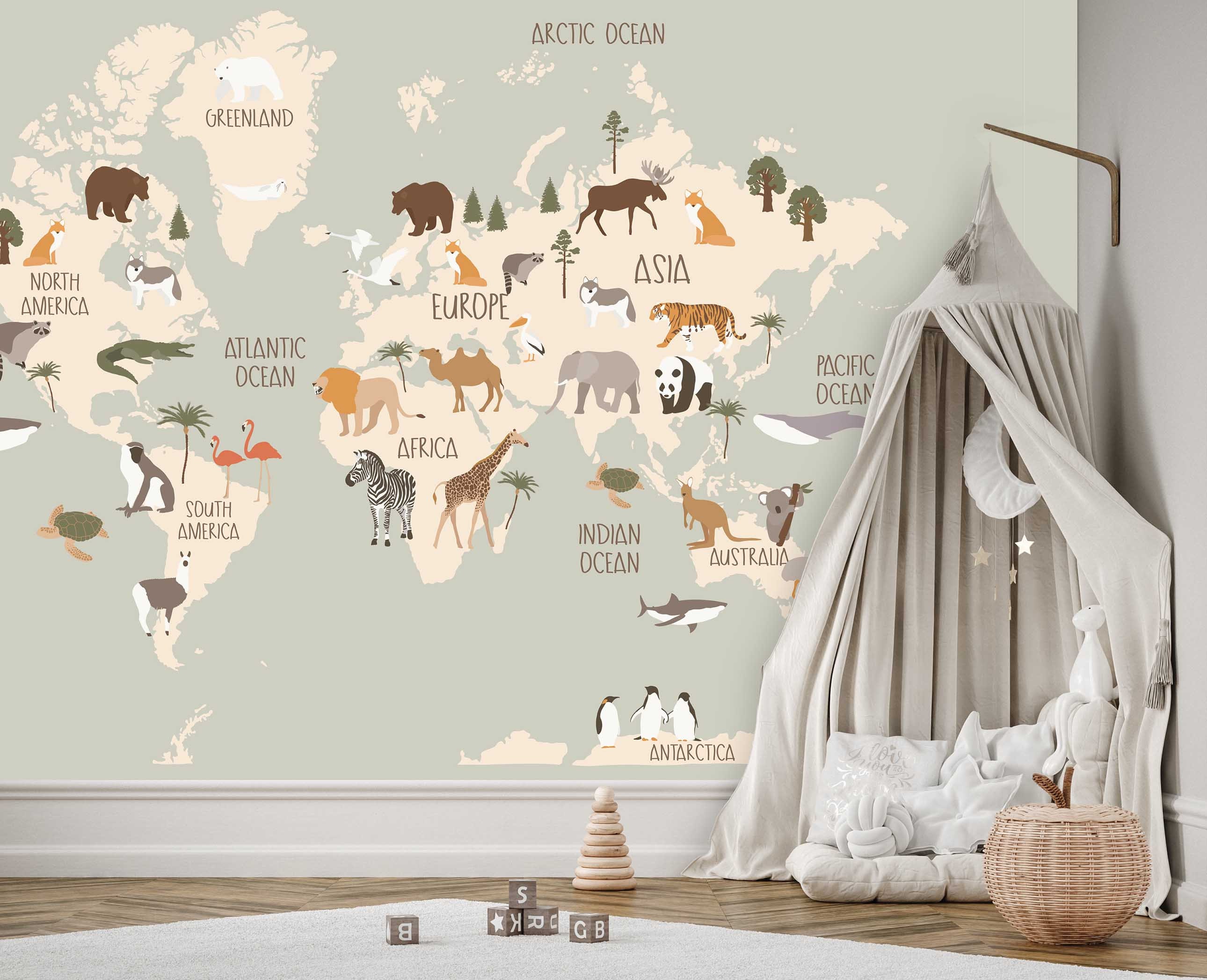 WORLD MAP Animals Wallpaper Wall Sticker Stickers Nursery Mural Kids ...