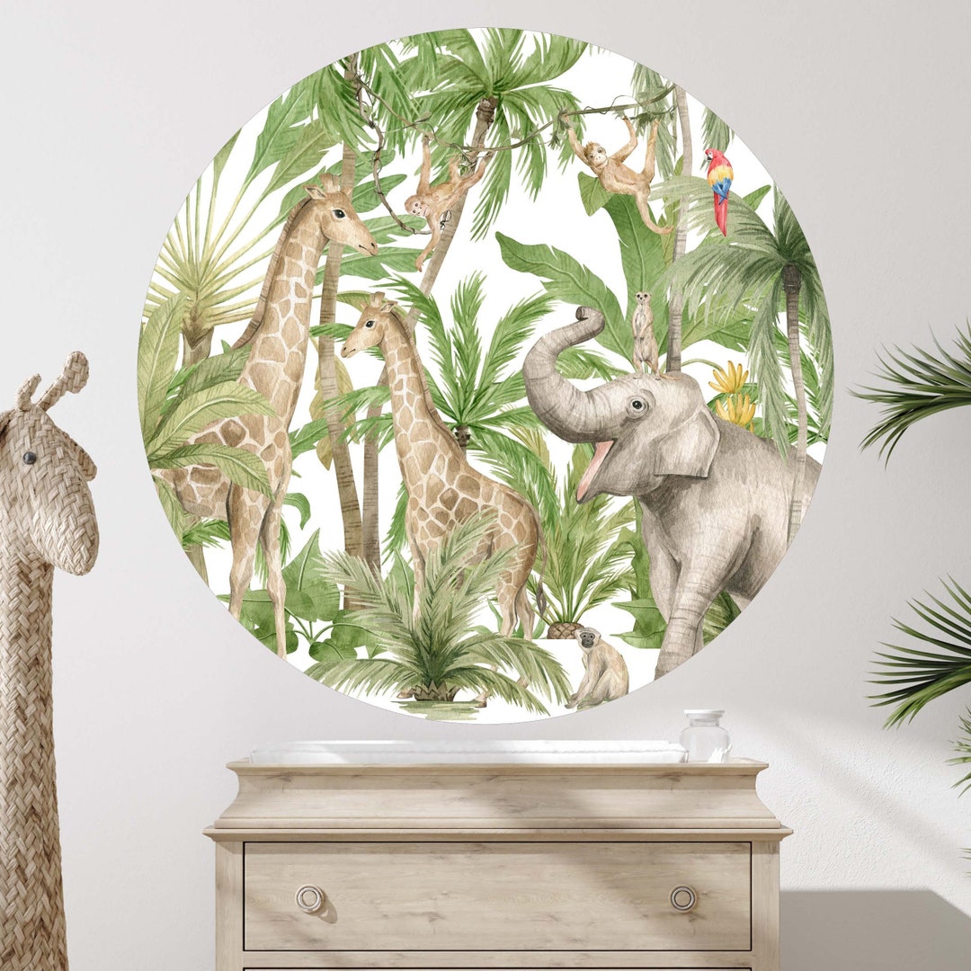 Round Wall Sticker V350 Safari Giraffe Elephant Monkey Parrot Nursery ...