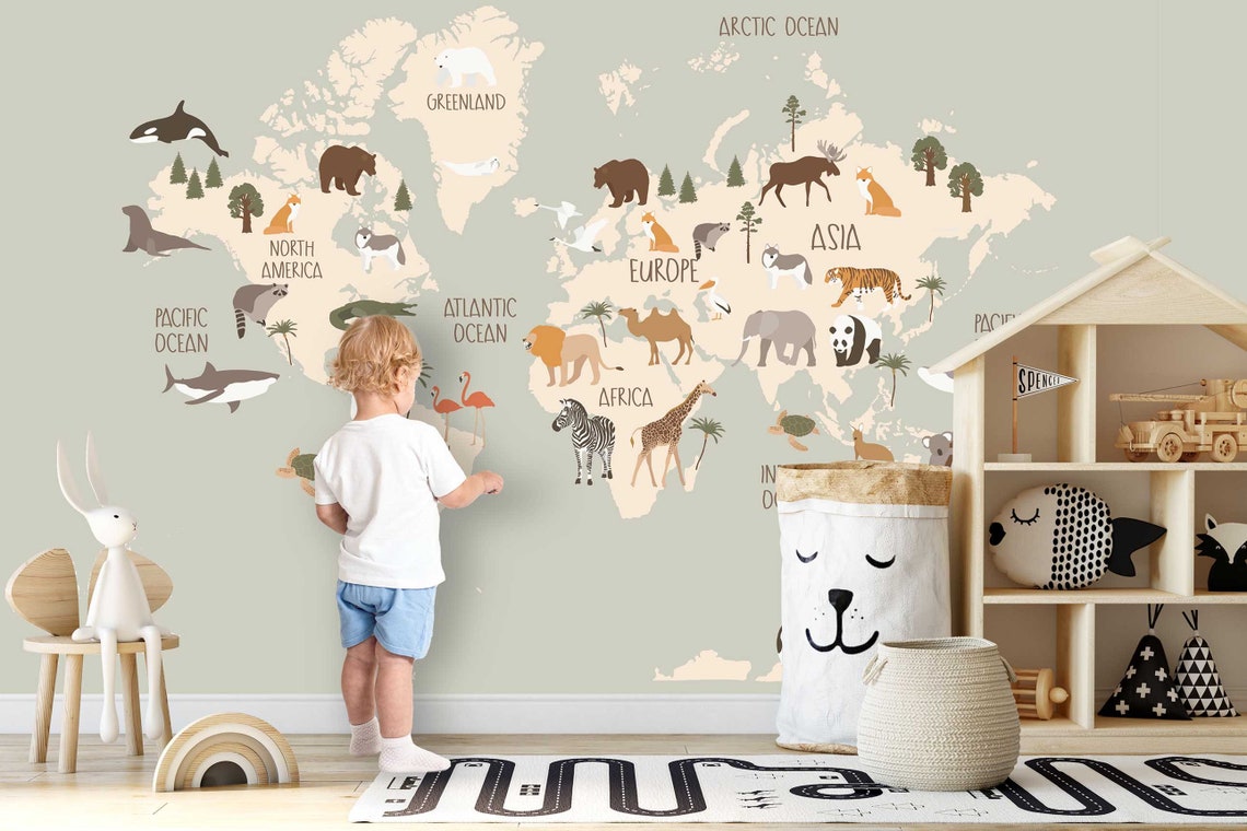 WORLD MAP Animals Wallpaper Wall Sticker Stickers Nursery - Etsy Canada