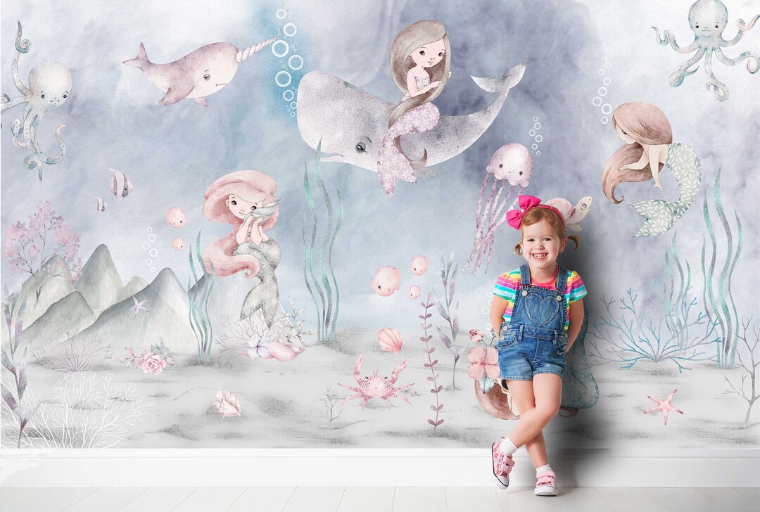 Mermaid Wallpaper Underwater Sea Wall Sticker Mural Nursery Kids Room ...