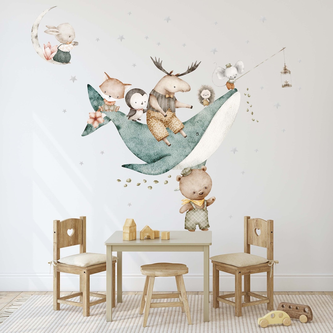 Wall Sticker Children's Room V382 Whale Rider Bear, Fox and Rabbit ...
