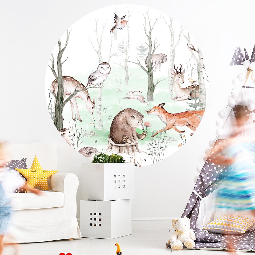 Round Wall Sticker V266 Woodland Animals Bear Owl Deer Fox Nursery Girl ...