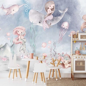Mermaid Wallpaper Underwater Sea Wall Sticker Mural Nursery Kids Room ...