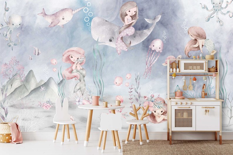 Mermaid Wallpaper Underwater Sea Wall Sticker Mural Nursery - Etsy