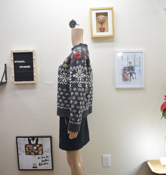 Hand Knit Wool Chunky Fair Isle Mock Neck Sweater - Gem