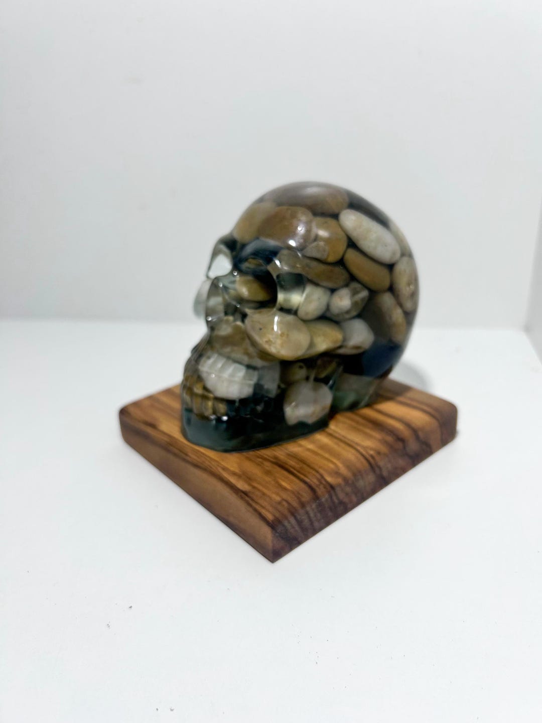 Epoxy Resin Skull Paperweight With an Olive Wood Base. - Height 12cm ...