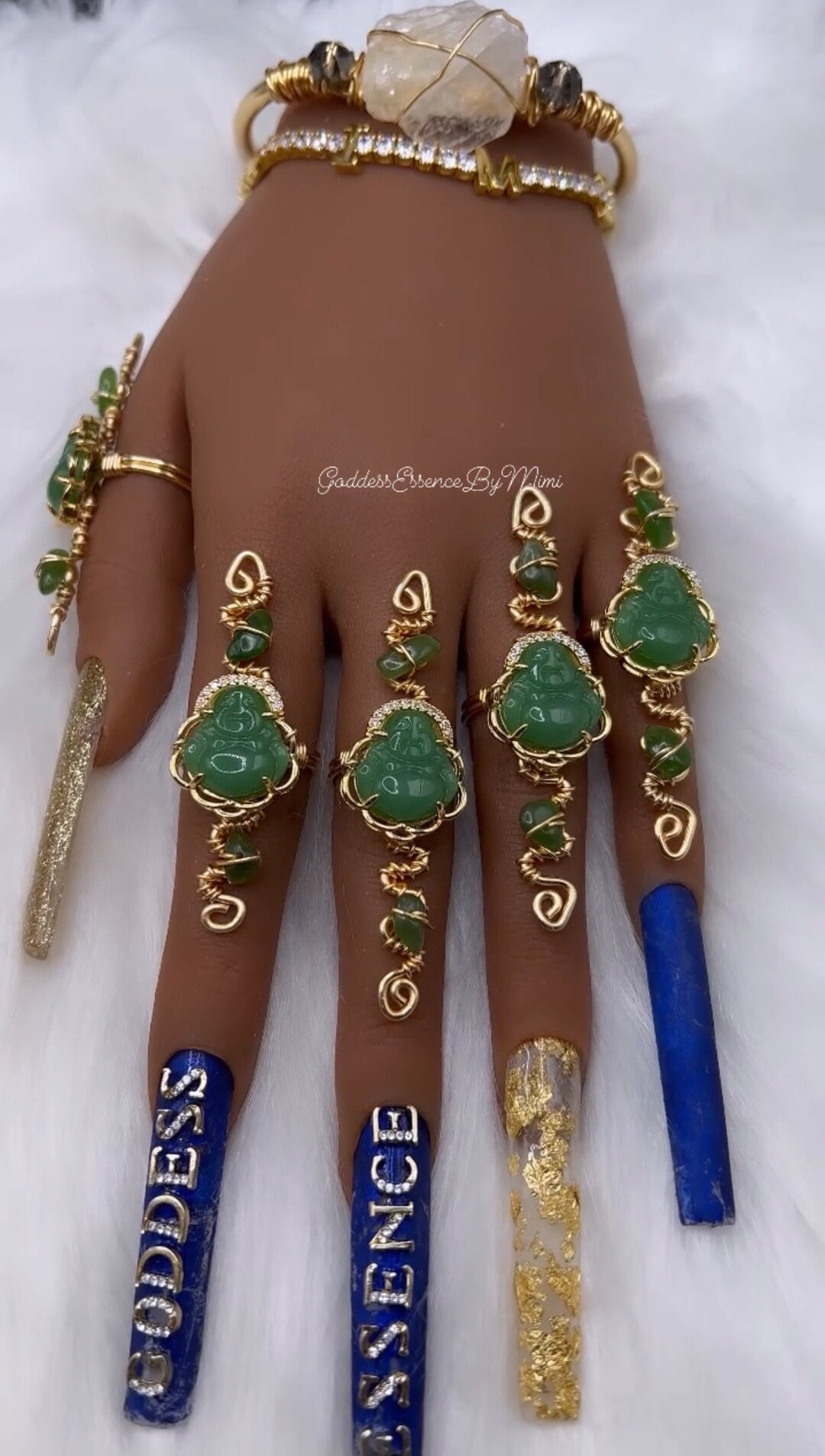 14k Jade Buddha Goddess Art Crystal Freestyle Ring, Full Finger Ring ...