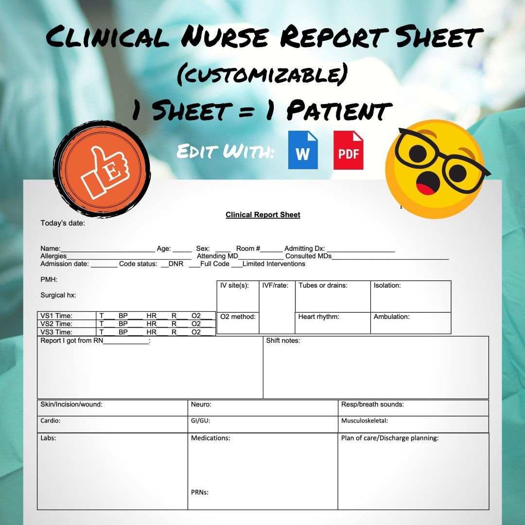 Clinical Nursing Report Sheet Template - Customizable Nurse Report ...