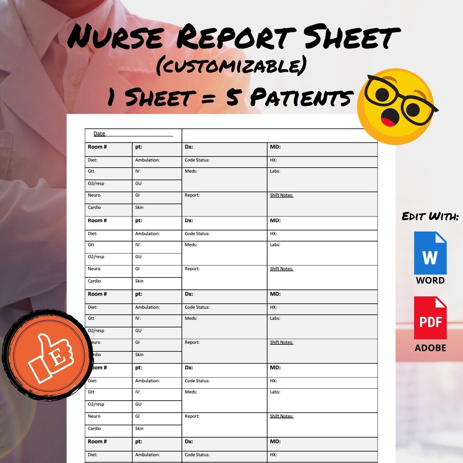 Nursing Report Sheet Template - Customizable Nurse Report Sheet - 5 ...