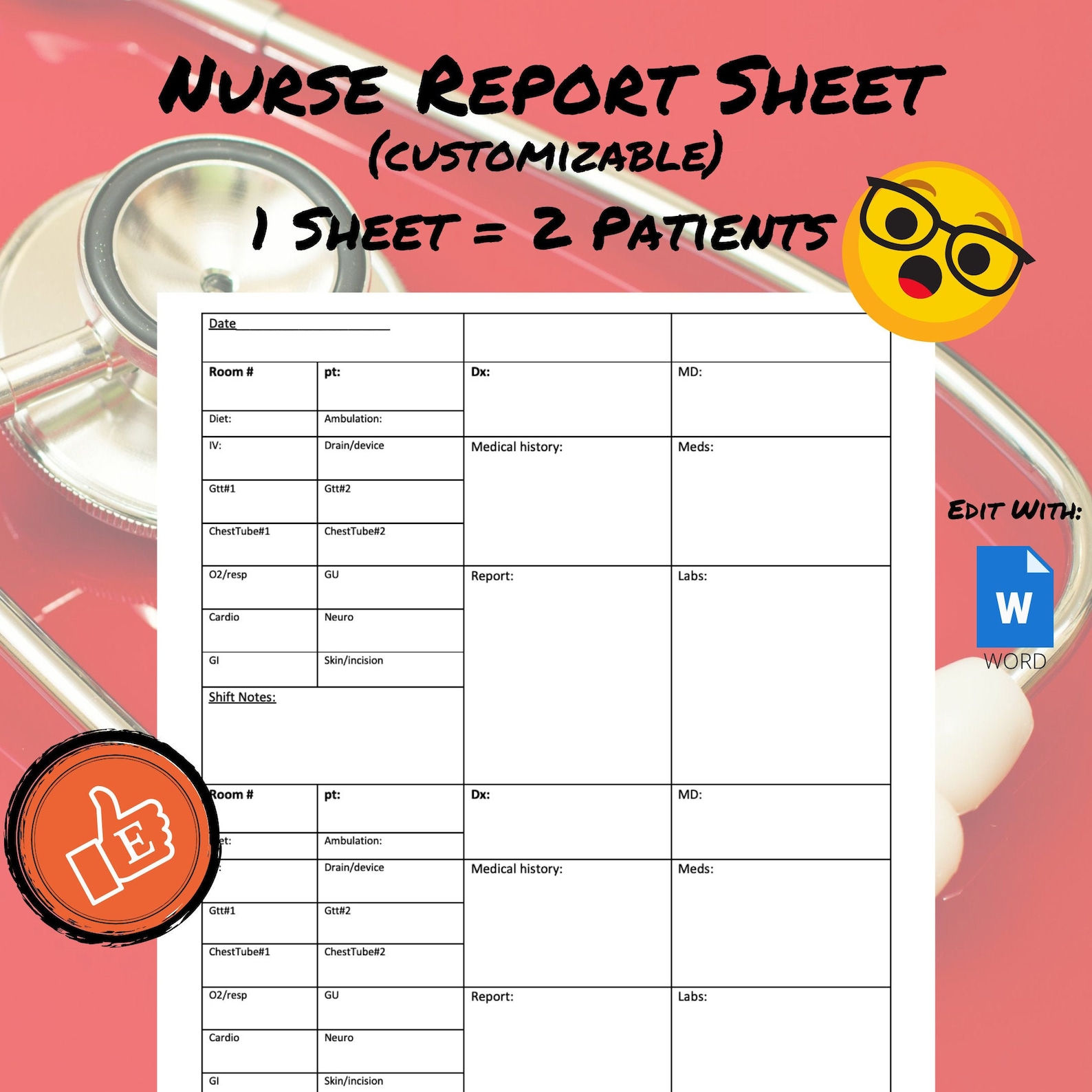 Nursing Report Sheet Template - Customizable Nurse Report Sheet - 2 ...