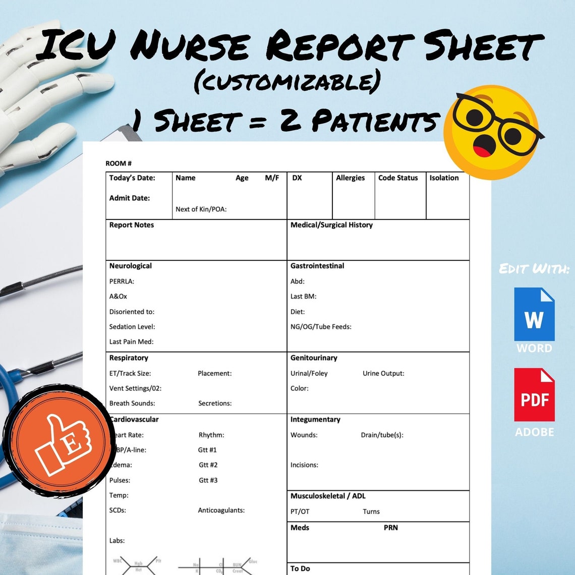 ICU Nursing Report Sheet Template - Customizable Nurse Report Sheet - 2 ...