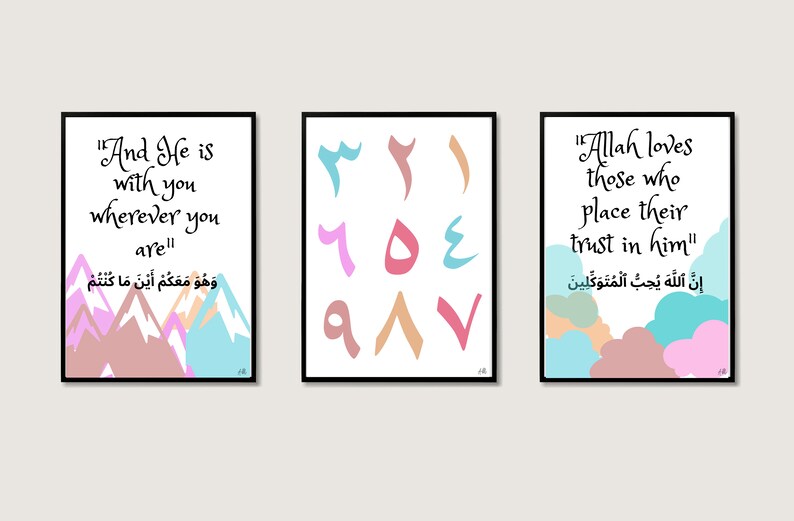 Islamic Print Set of 3 Islamic Prints for Wall Arabic Numbers Islamic ...