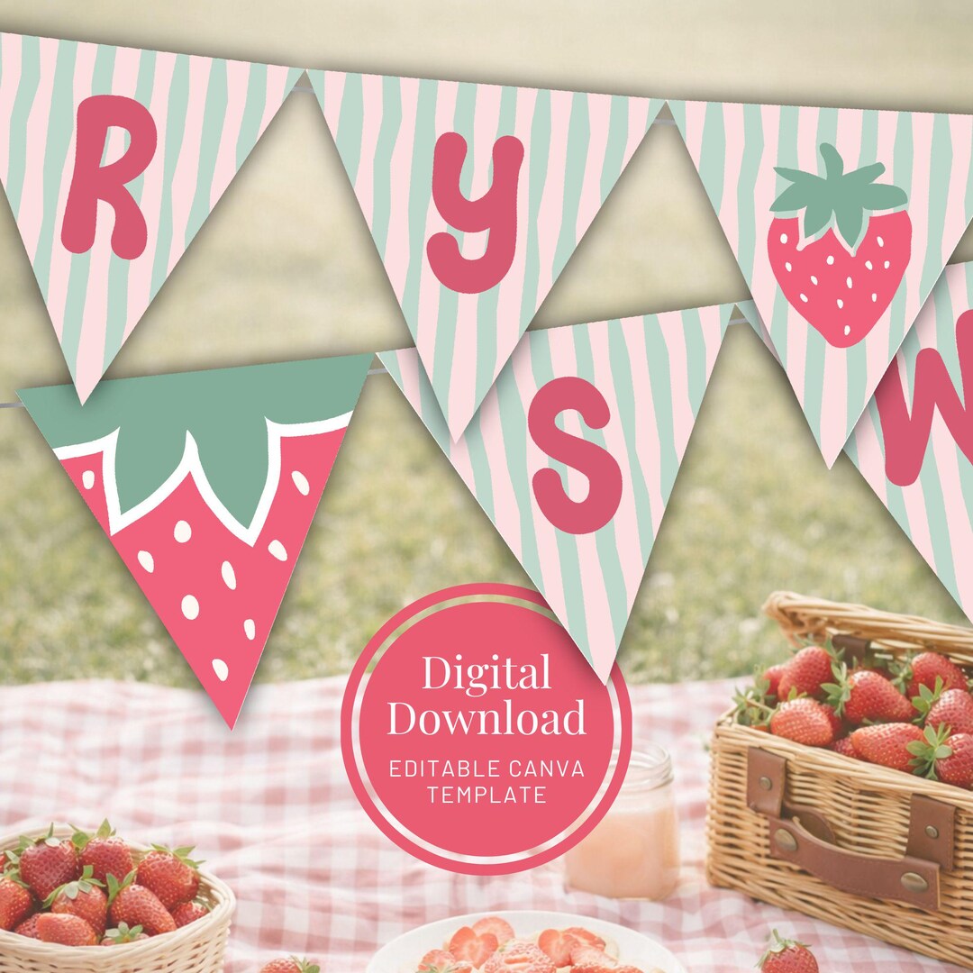 Editable Strawberry Party Bunting Banner: Berry Sweet Birthday ...