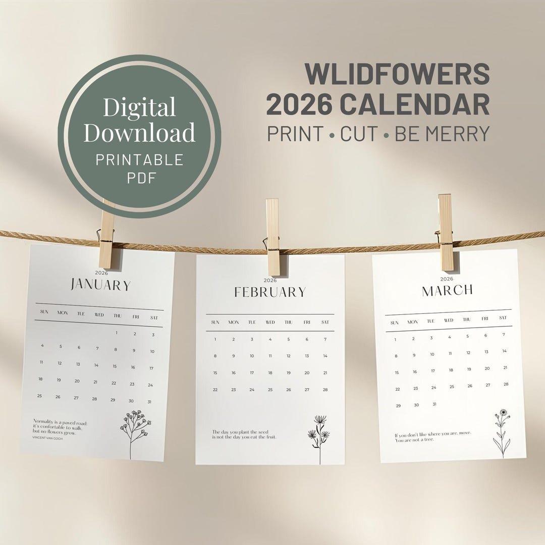 2026 Minimalist Monthly Calendar: Wildflowers Printable Calendar ...