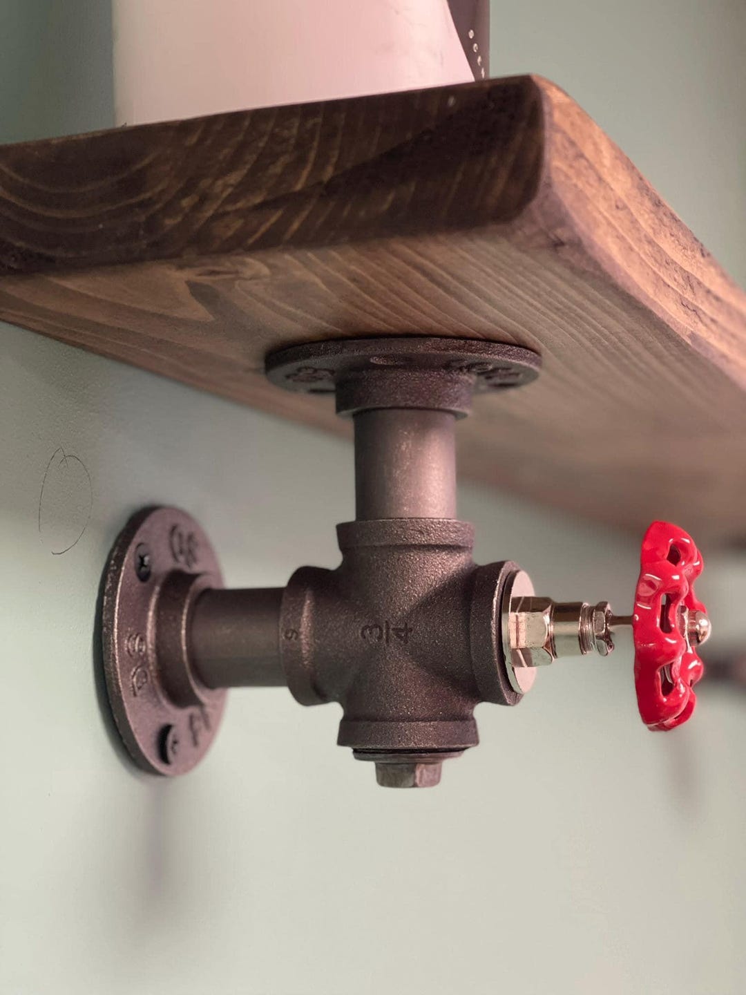 Rustic Solid Wood Wall Shelf With Handmade Cast Iron Tee Valve Pipe ...