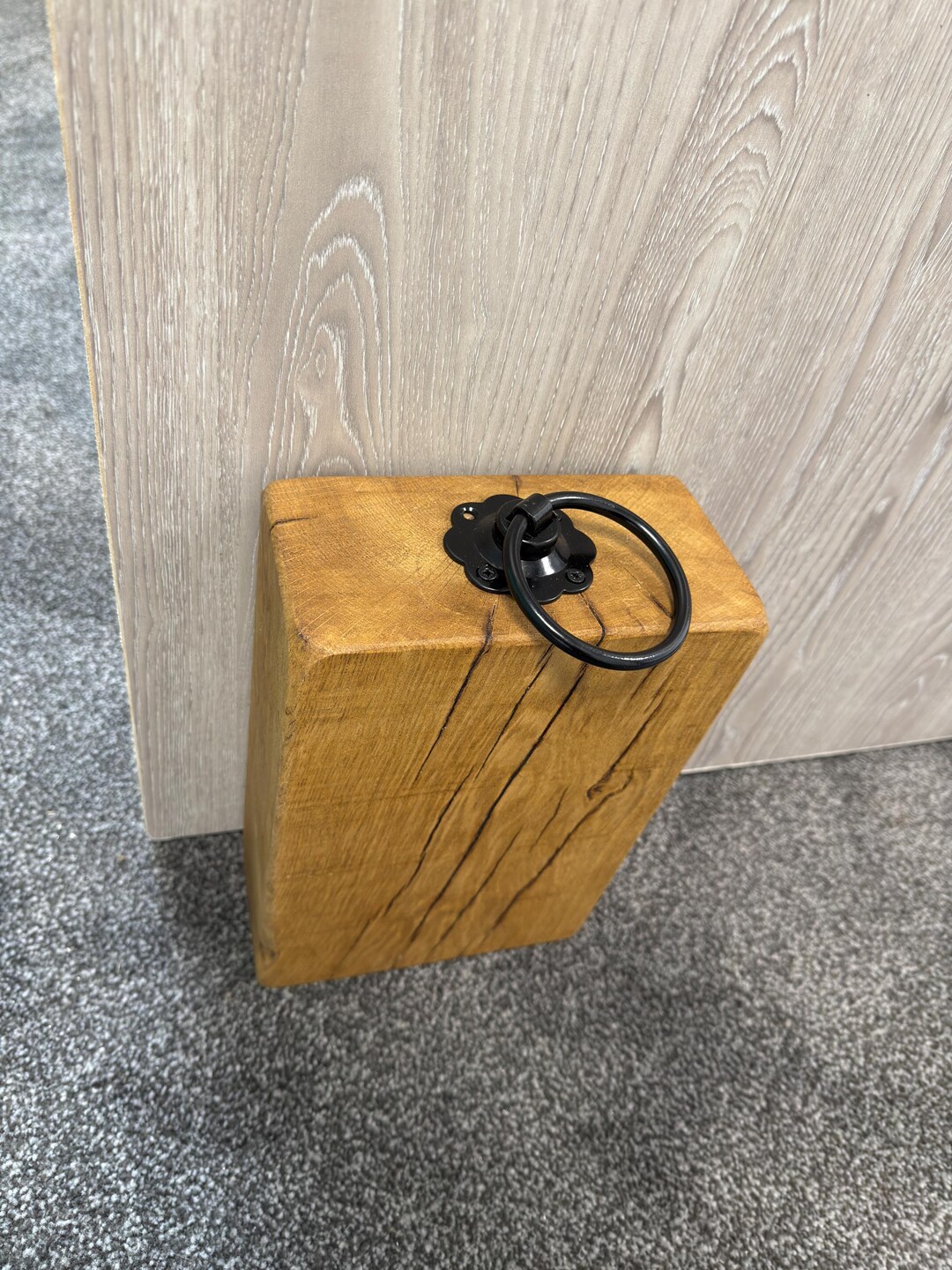 Solid Oak Door Stop: Rustic Handmade Wood Wedge With Black Ring - Etsy