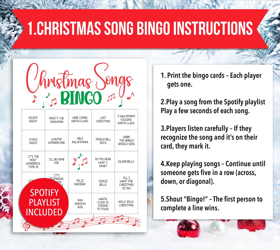 Christmas Song Bingo Cards, Holiday Music Bingo, Party Game, Printable ...