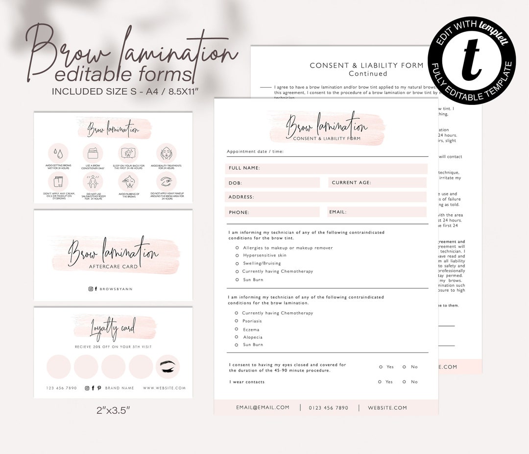 Brow Lamination Template Bundle, Care Cards, Consent and Liability Form ...