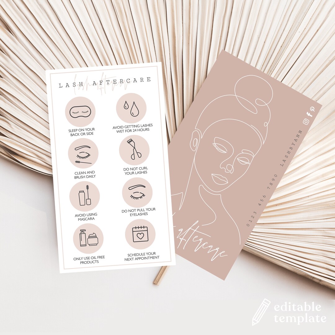 Lash Aftercare Card Template, Editable Lash Business Card, Eyelash ...