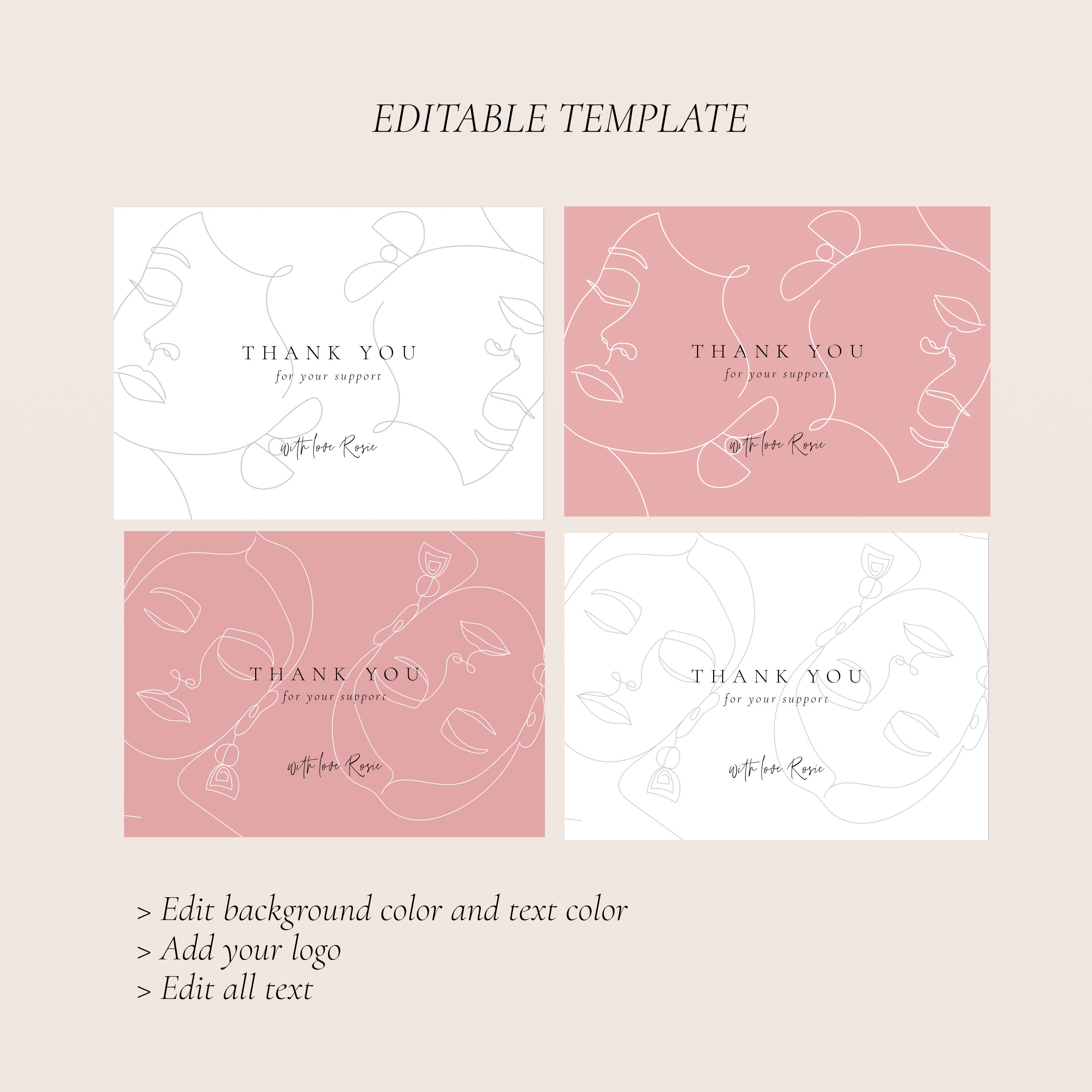 Line Art Thank You Card Template Abstract Minimalist Small - Etsy