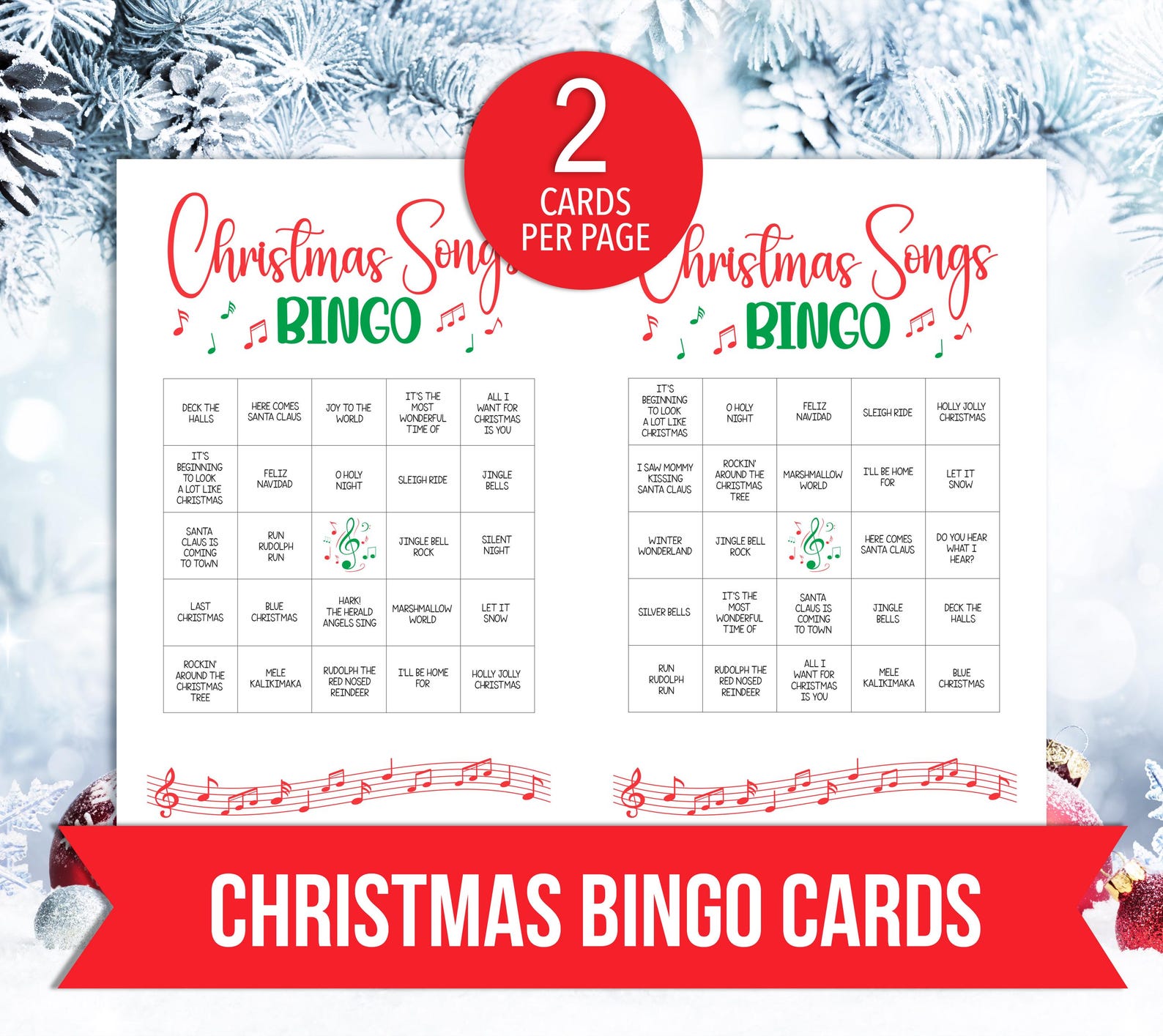 Christmas Song Bingo Cards, Holiday Music Bingo, Party Game, Printable ...