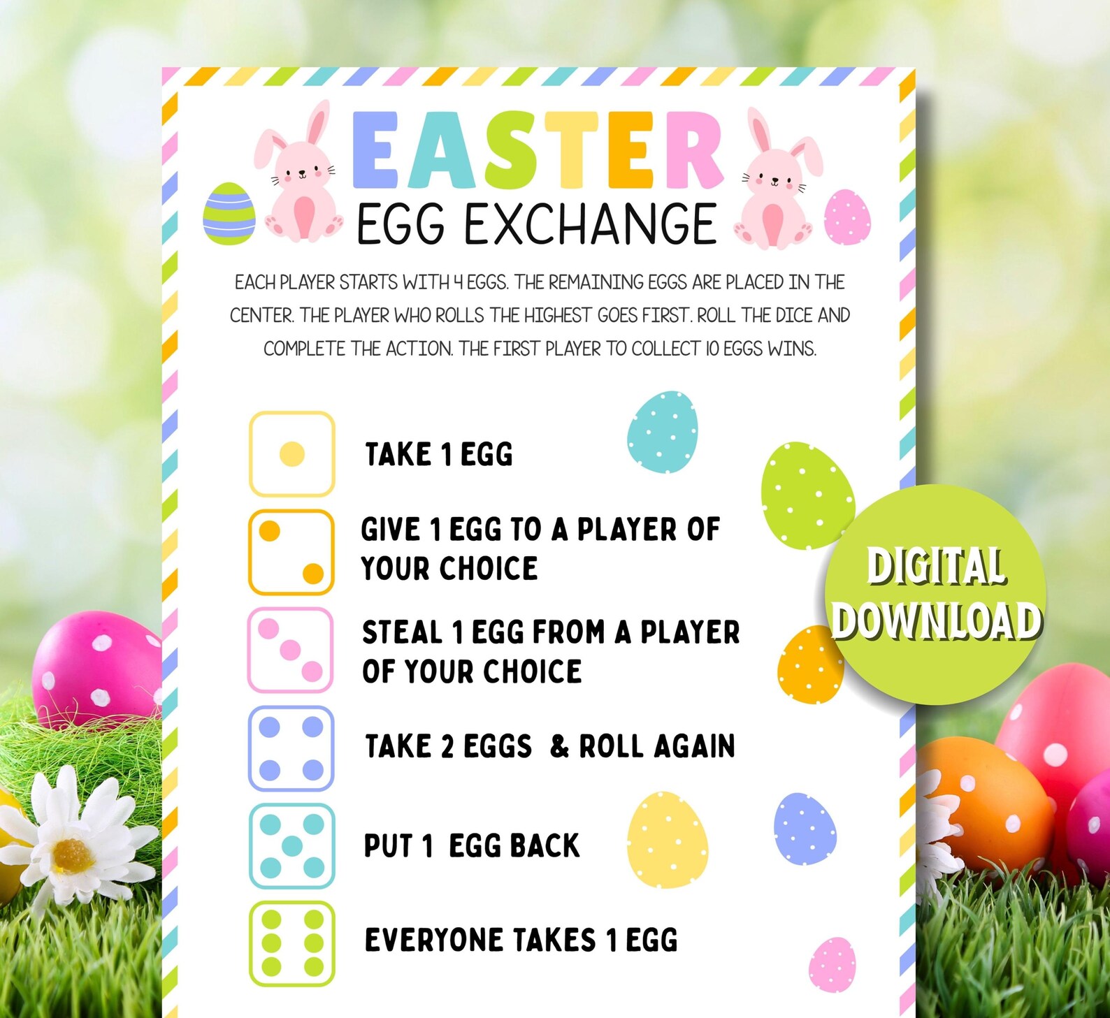 Easter Egg Exchange Dice Game, Printable Easter Games, Easter Dice Game ...