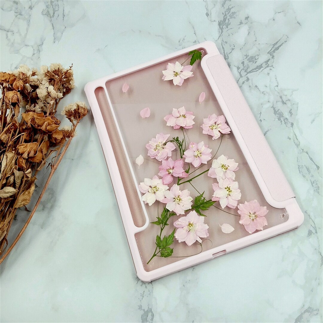 Real Pink Delphinium Pressed Flower Tab Case for Samsung Tab S10 S9 S8 ...