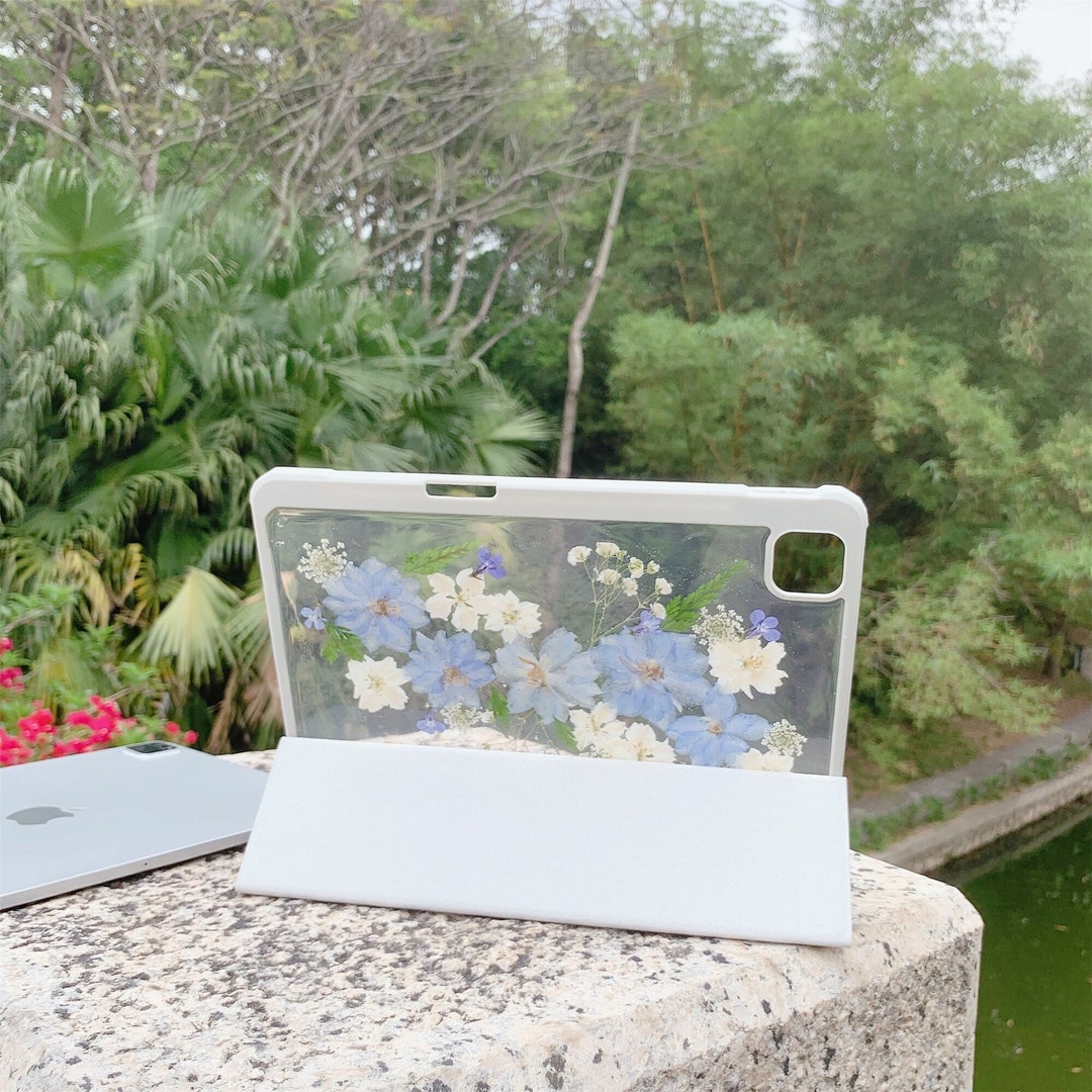 Real Flower iPad Case,pressed Blue White Flower iPad Case With Pen ...