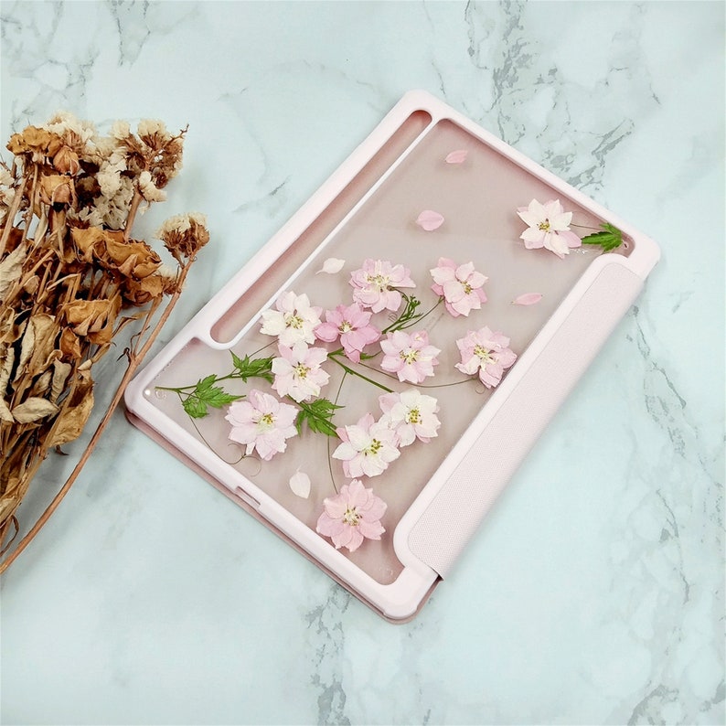 Real Pink Delphinium Pressed Flower Tab Case for Samsung Tab S10 S9 S8 ...