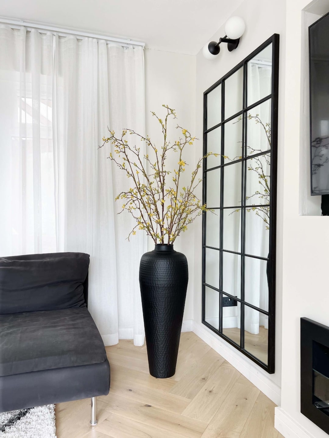 Tall Black Hammered Vase, Large Vase, Freestanding Vase, Metal Vase ...