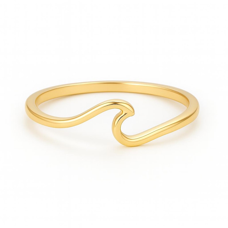 14K Solid Gold Wave Ring, Dainty Minimalist Band, Ocean Inspired ...