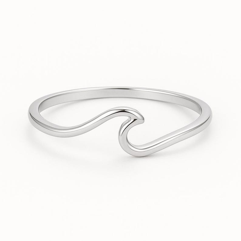 14K Solid Gold Wave Ring, Dainty Minimalist Band, Ocean Inspired ...