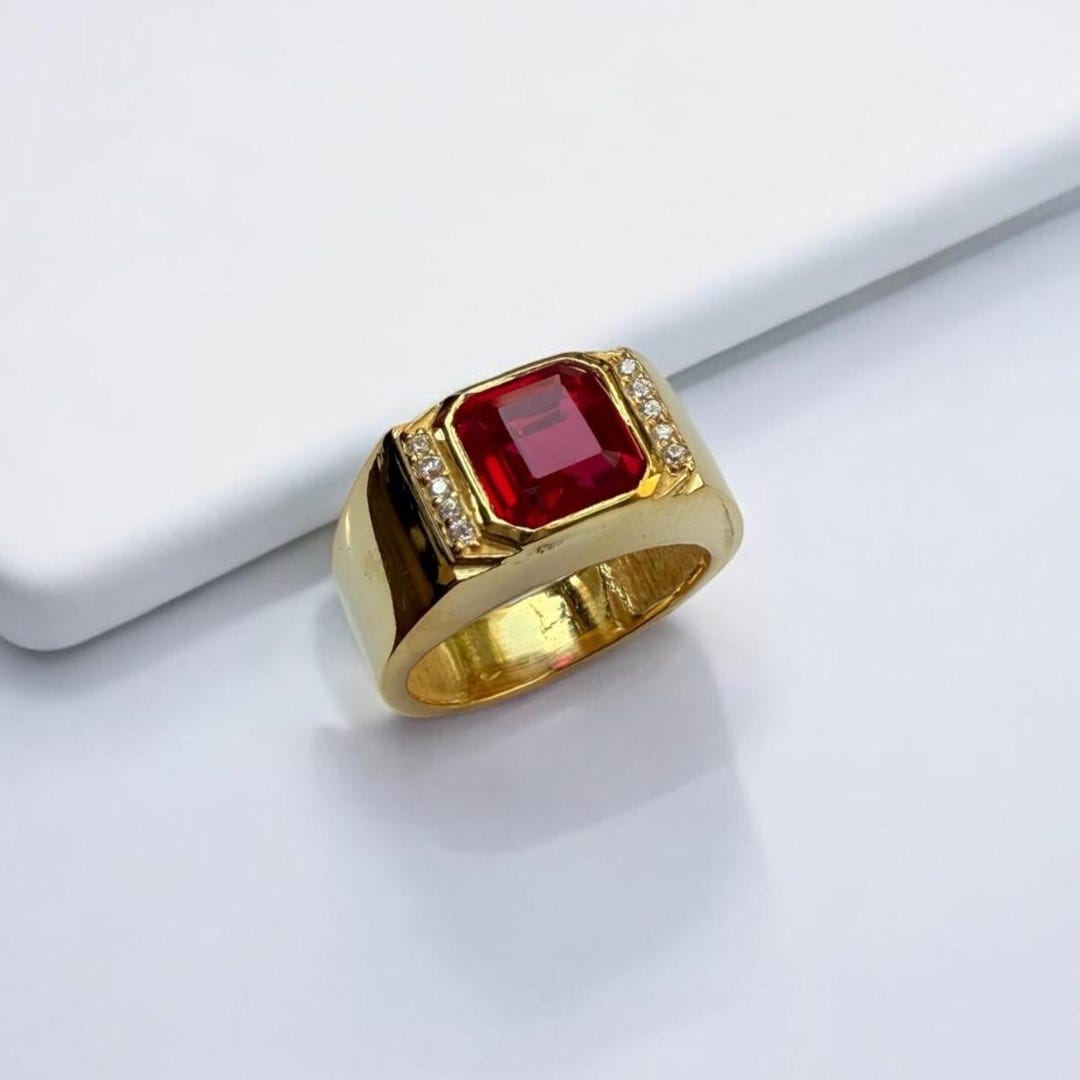 18k/14k /10k Solid Yellow Gold Lab Created Ruby Ring for Men Gold Band ...
