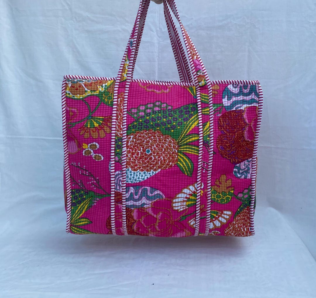 Traditional Kantha Style Quilted Tote | Bright Pink Multicolor Floral ...
