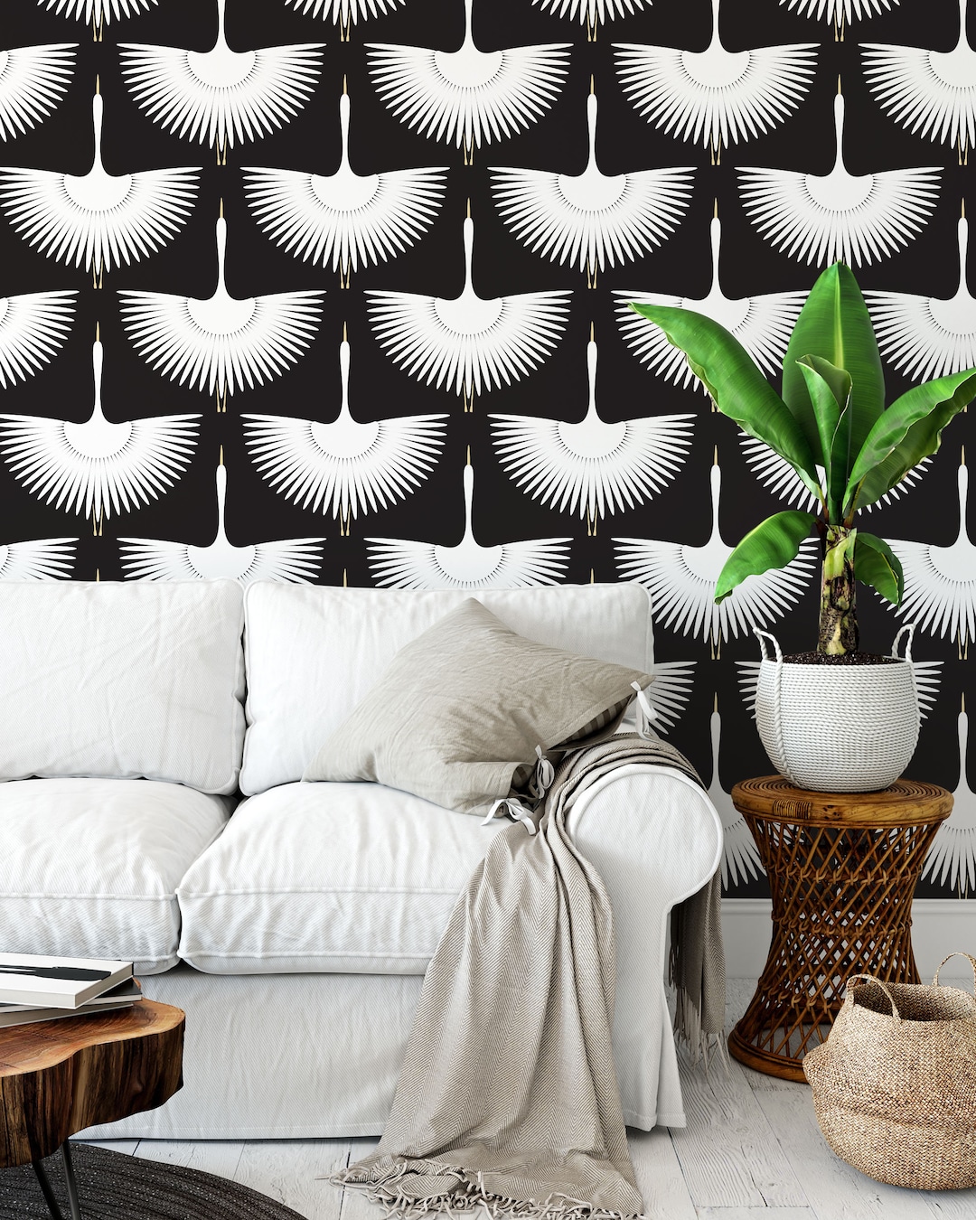 Black Exotic Flying Cranes Wallpaper Livingroom Wall Decor - Etsy