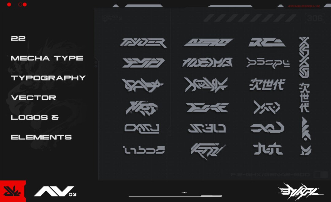 22 Mecha Type Cyberpunk Typography Logos, Elements & Japanese Kanji for ...