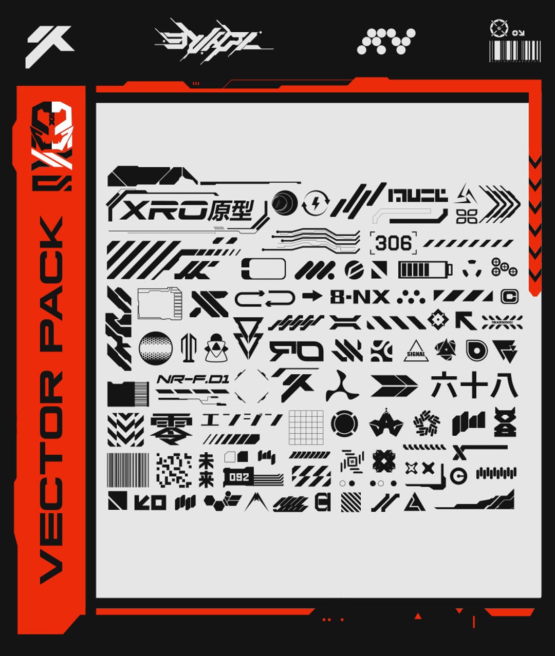 100 Techwear Decal Elements Cyberpunk Logos & Icons Vector Pack in One ...