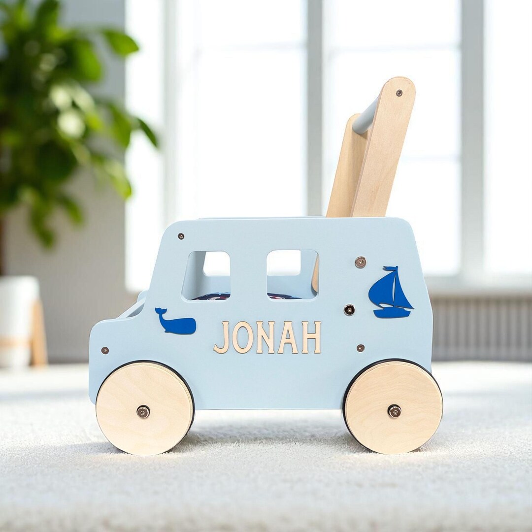 Personalized Baby Walker Wagon: Blue Wooden Push Toy - Etsy