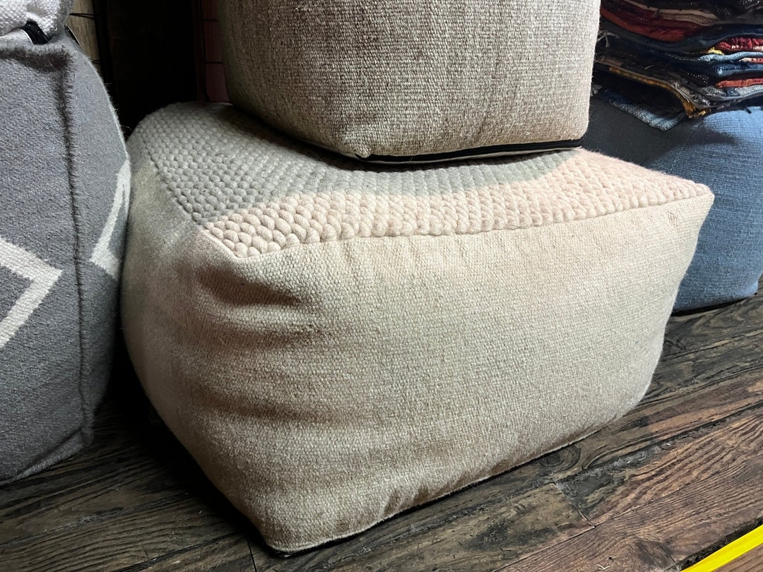 White Handwoven Wool Pouffe - Etsy