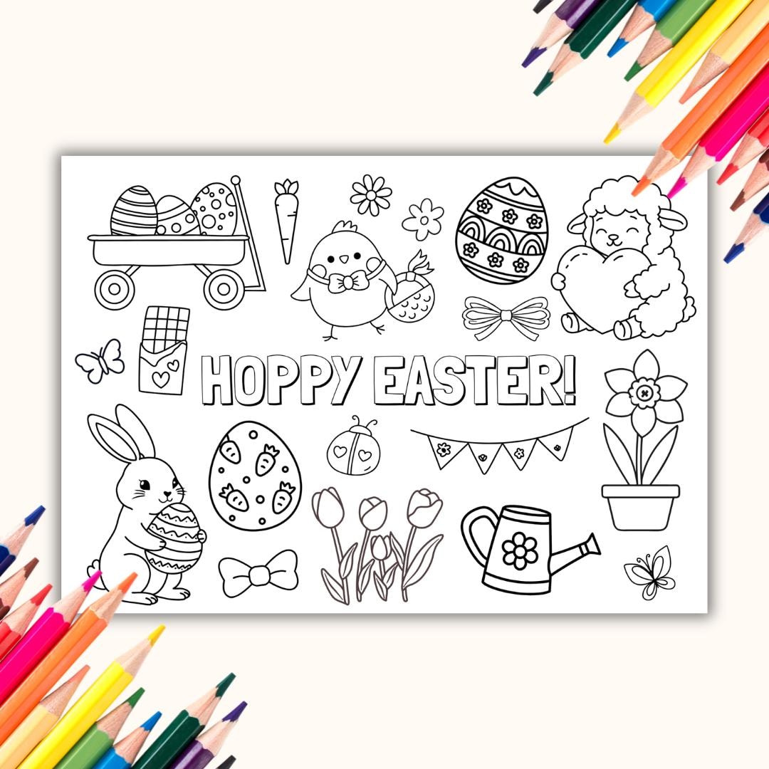 Hoppy Easter Colouring Page | Bunny, Eggs, Chicks Printable (digital ...