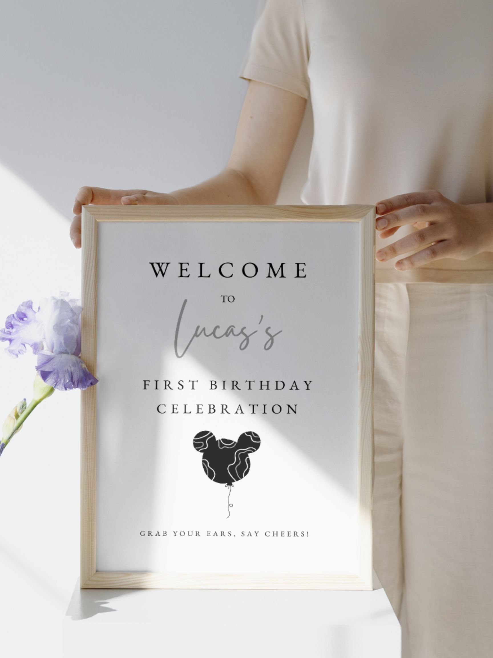 Welcome Sign Poster- First Birthday Mickey Mouse Balloon TEMPLATE Black ...