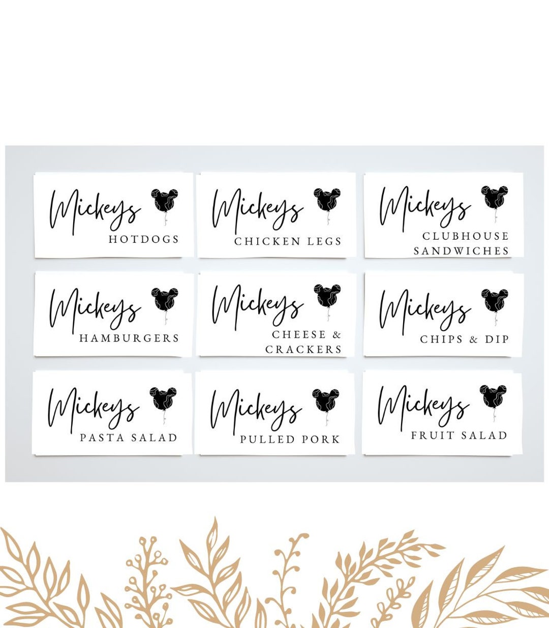 Food Place Cards First Birthday Mickey Mouse Balloon TEMPLATE Black and ...