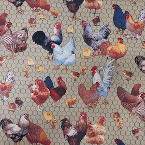 Chicken and Roosters and Baby Chicks on Tan Cotton Fabric for Clothing ...