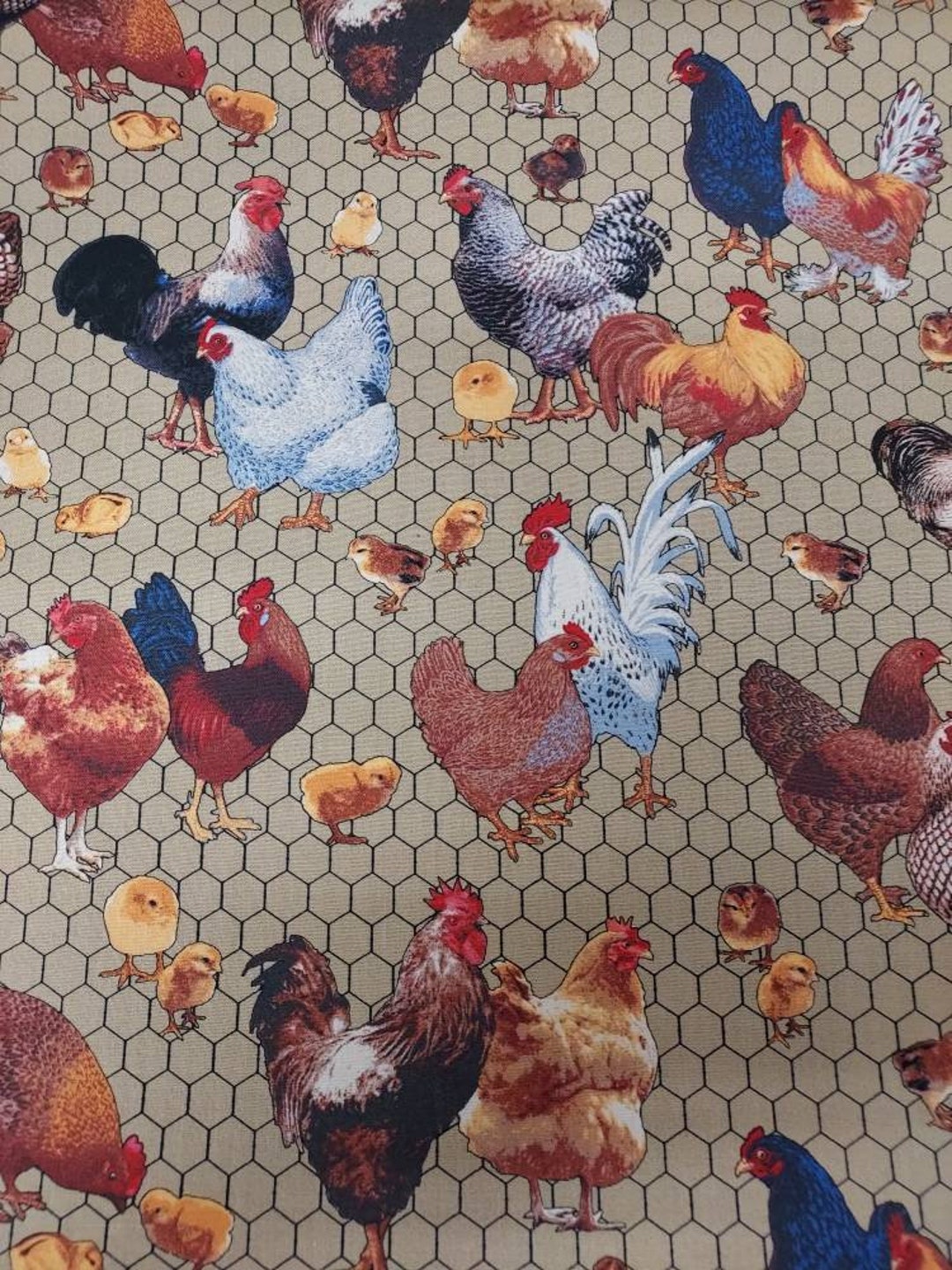 Chicken and Roosters and Baby Chicks on Tan Cotton Fabric for Clothing ...