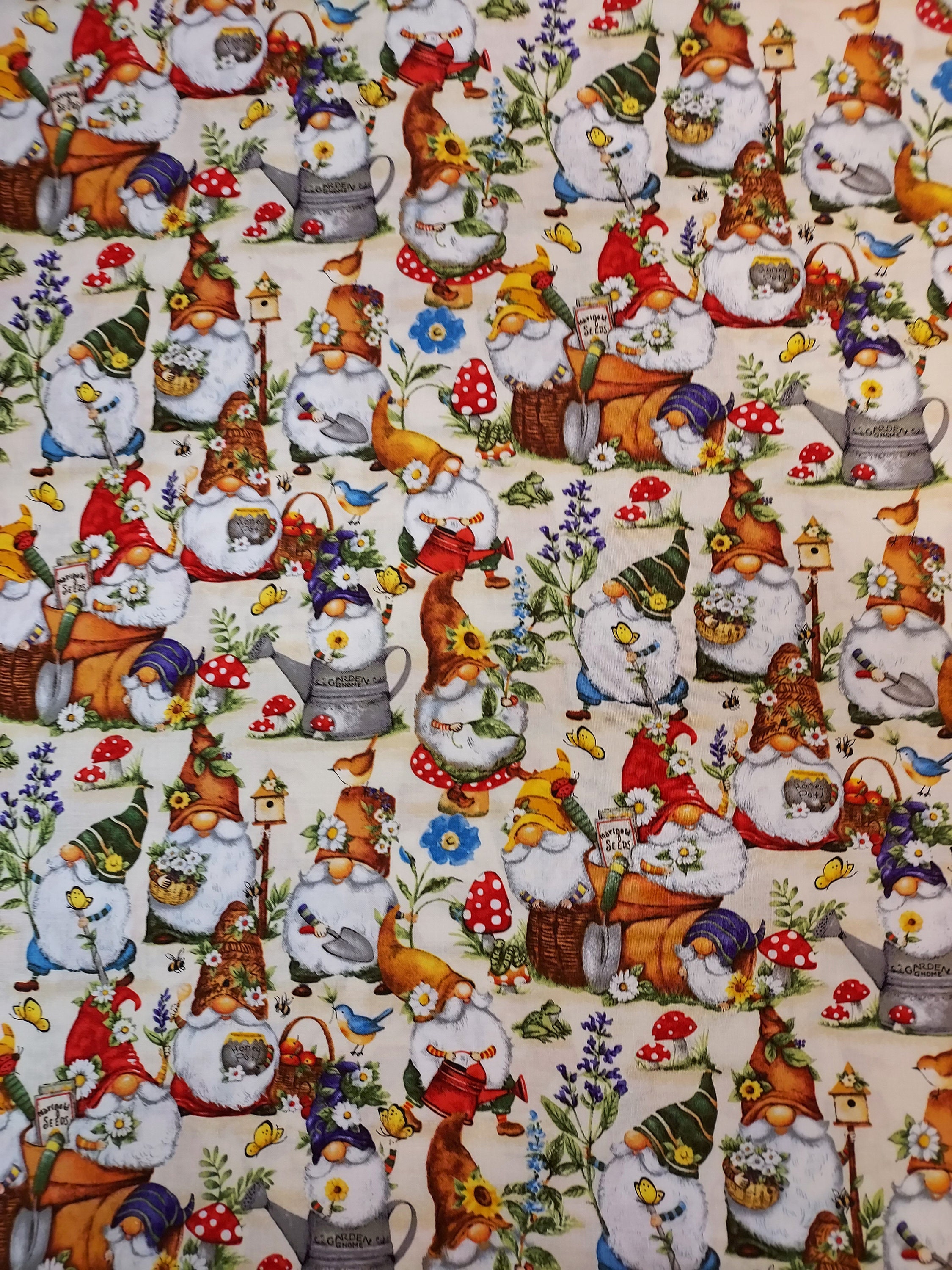 Susan Winget All Over Cream the Gnome and Garden Fabric by the - Etsy