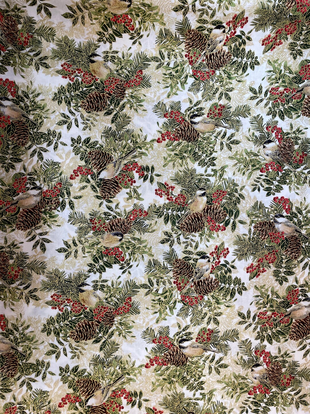 Rare Susan Winget Holiday Spice Birds Metallic Fabric by the Yard 100% ...