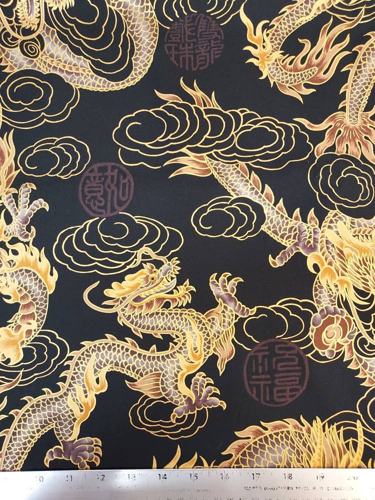 Golden Dragon Fabric: Asian-inspired Black Cotton for Crafts & Quilting ...