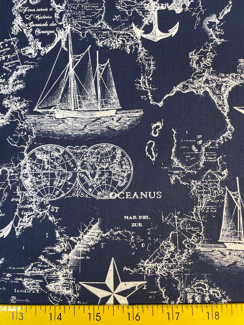 Navy Nautical Map Fabric: Boats, Anchors, 100% Cotton - Etsy
