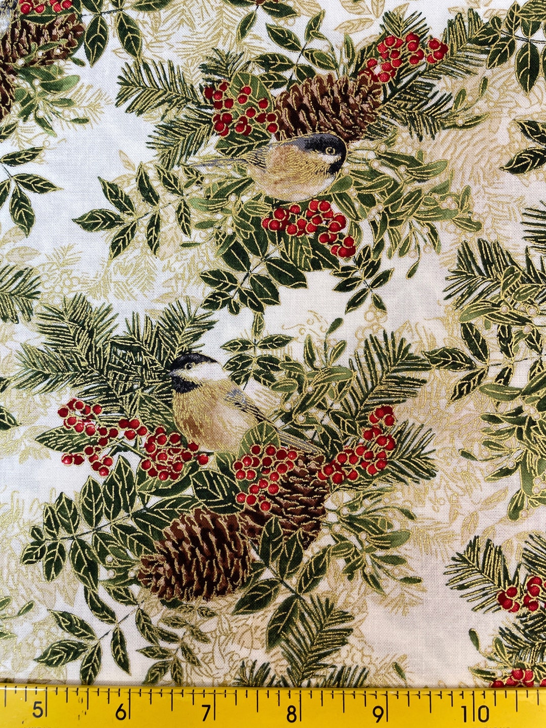 Rare Susan Winget Holiday Spice Birds Metallic Fabric by the Yard 100% ...